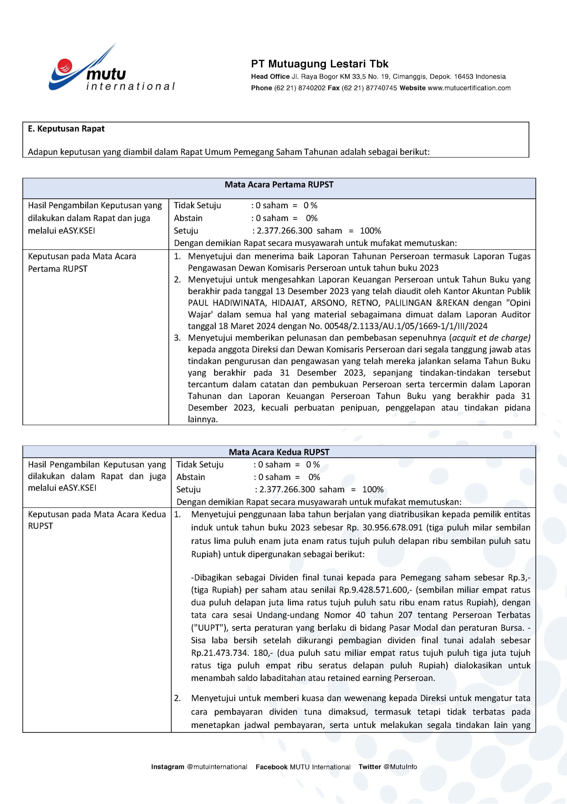 Pemberitahuan Hasil Rapat Uumum Pemegang Saham Tahunan (RUPS) dan Rapat ...