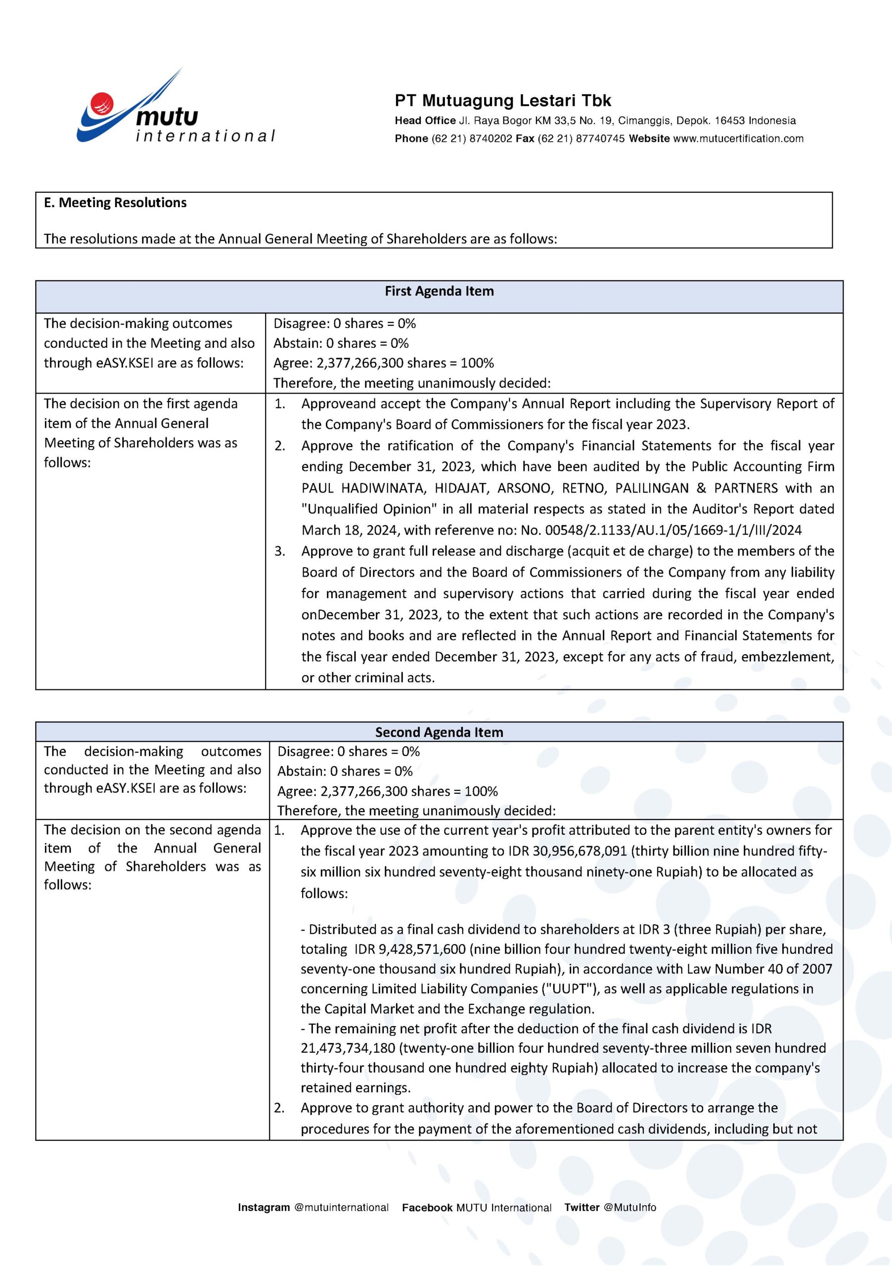 Pemberitahuan Hasil Rapat Uumum Pemegang Saham Tahunan (RUPS) dan Rapat ...