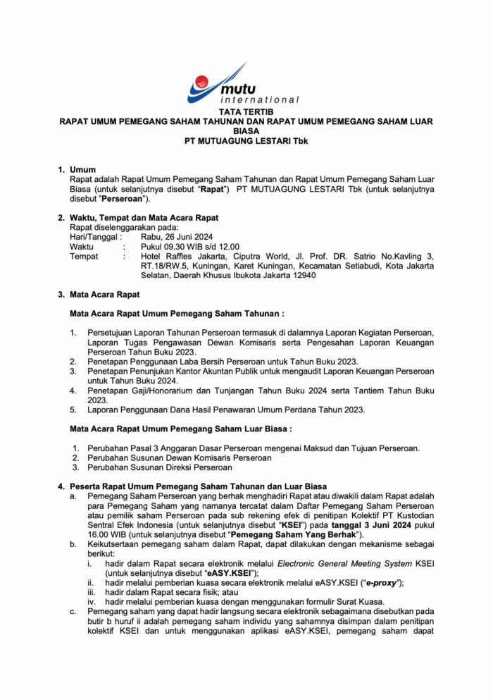 Tata Tertib Rapat Umum Pemegang Saham Tahunan dan Rapat Umum Pemegang Saham Luar Biasa PT ...